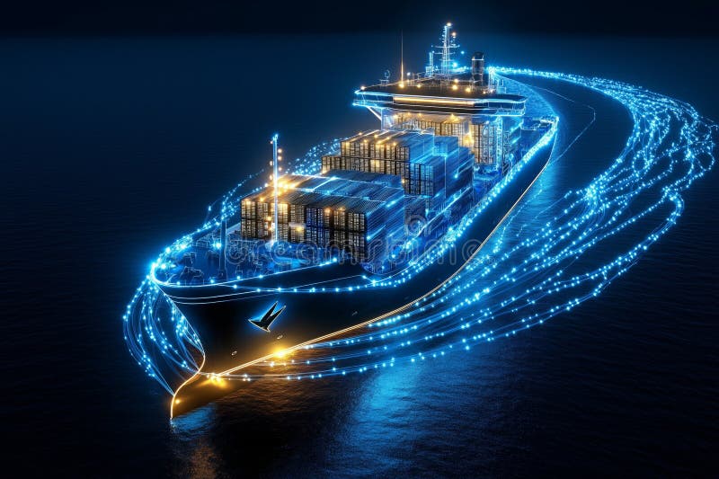 Futuristic Cargo Ship with Glowing Containers and Digital Light Effects ...