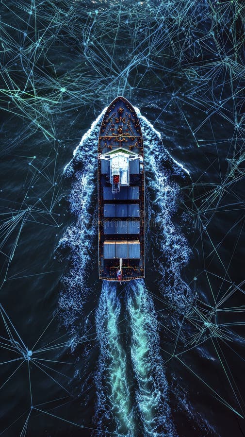 Futuristic Cargo Ship with Glowing Ocean Network Paths Stock ...