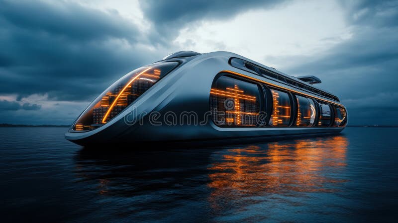 Futuristic Cargo Ship with Illuminated Windows on Ocean at Dusk Stock ...