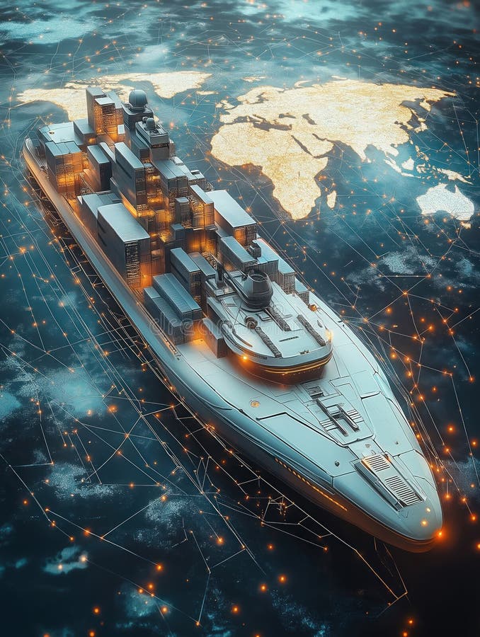 Futuristic Cargo Ship Navigates Global Network. Advanced Tech Vessel ...