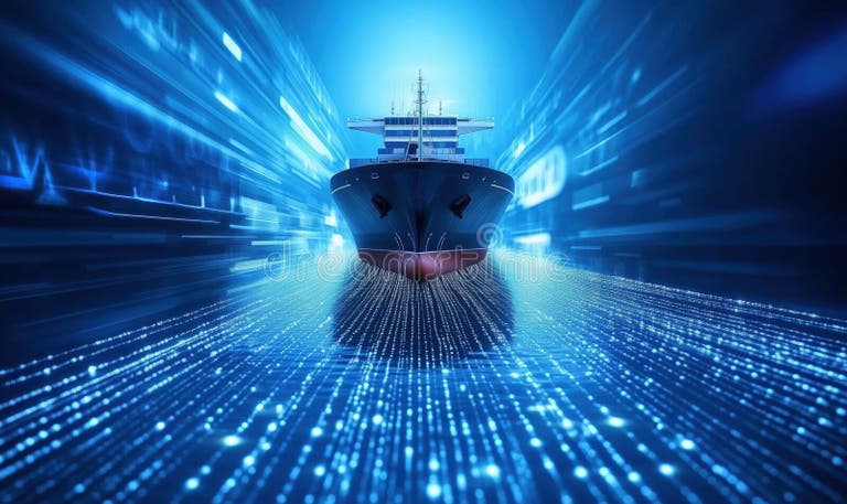 Futuristic Cargo Ship Navigating Digital Waters, Blue Light Effects ...