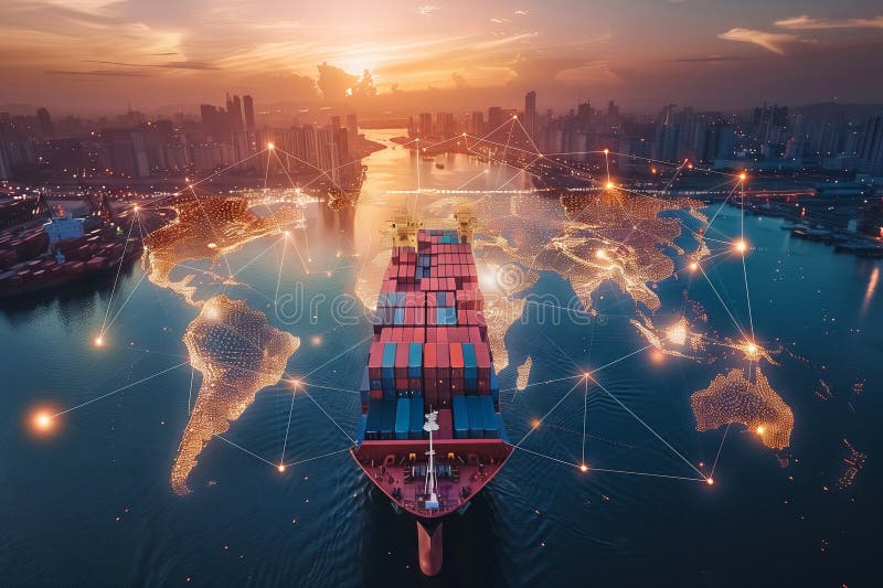 Futuristic Cargo Ship Navigating Global Trade Network at Sunset Stock ...