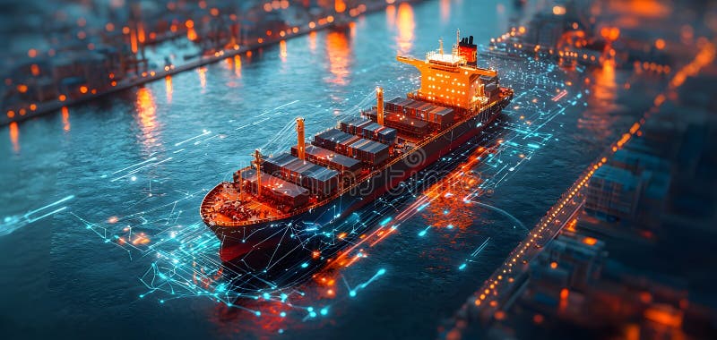 Futuristic Cargo Ship Navigating through a Smart Port with High-Tech ...