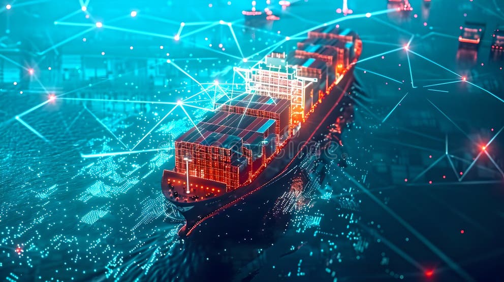Futuristic Cargo Ship Sailing through Digital Ocean, Conceptual ...