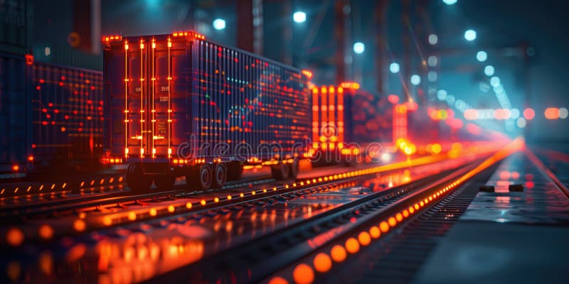 Futuristic Cargo Transport at Night with Glowing Containers on ...