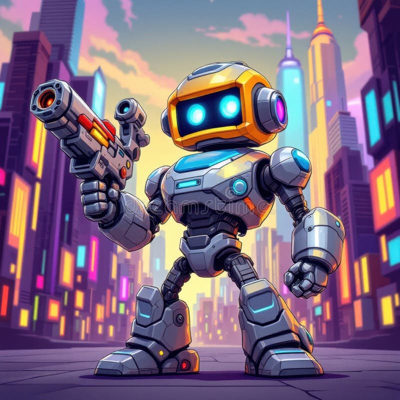 Futuristic Cartoon Robot with a Gun Stock Illustration - Illustration ...