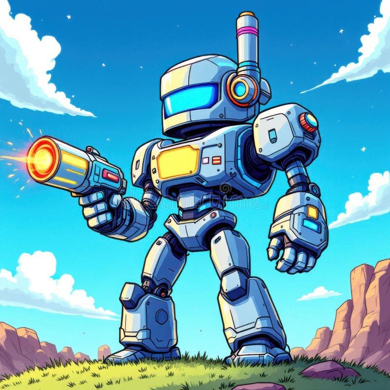 Futuristic Cartoon Robot with a Gun Stock Illustration - Illustration ...
