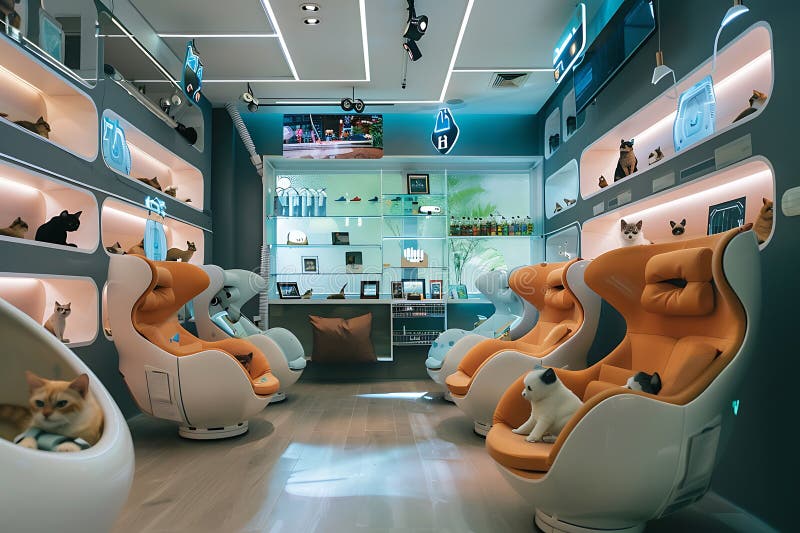Futuristic Cat Cafe Interior Design with Comfortable Seating Stock ...