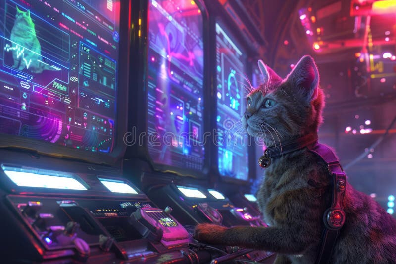 Futuristic Cat in a Cyber Control Room with Neon Lights. AI Stock Image ...