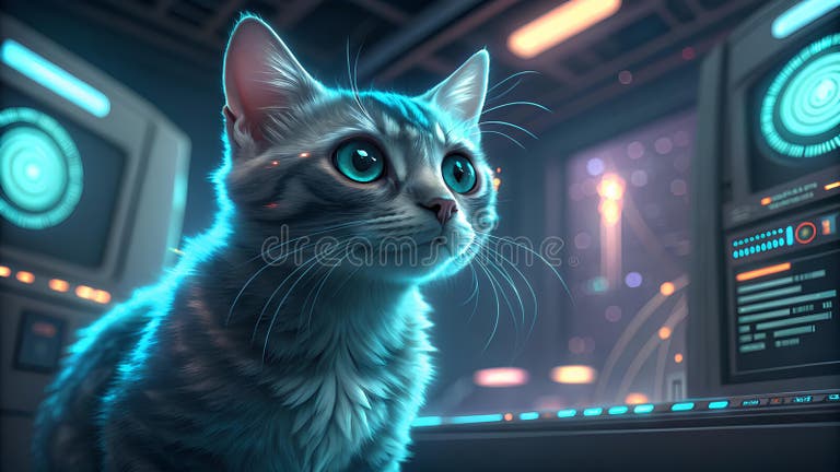 Futuristic Cat with Glowing Features Explores High Tech Environment ...
