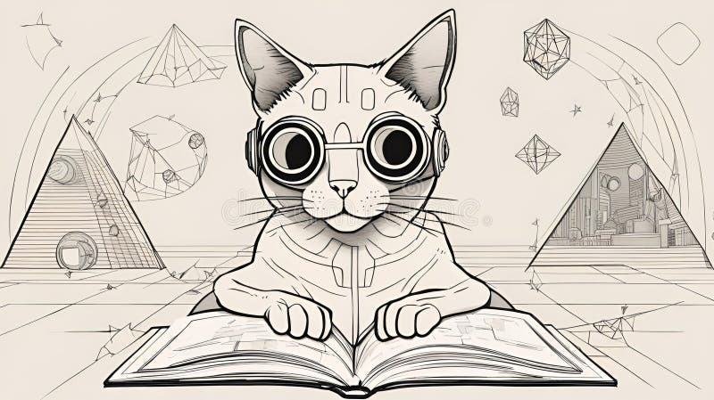 Futuristic Cat with Goggles Reading a Book in Geometric Sci-fi Setting ...