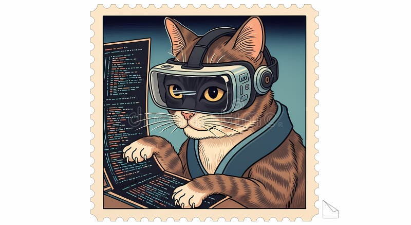 Futuristic Cat Programmer Coding in Virtual Reality Stock Illustration ...