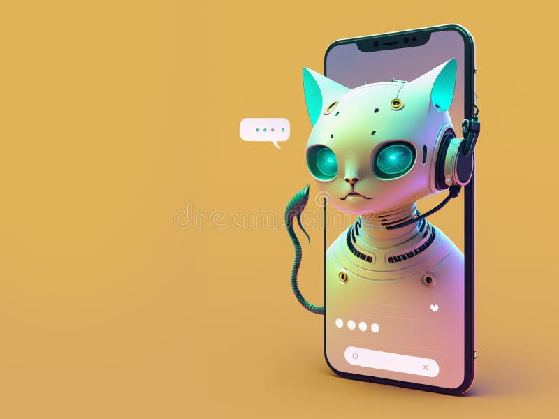 Futuristic Cat Robot with AI in Screen of Smartphone. Concept of ...