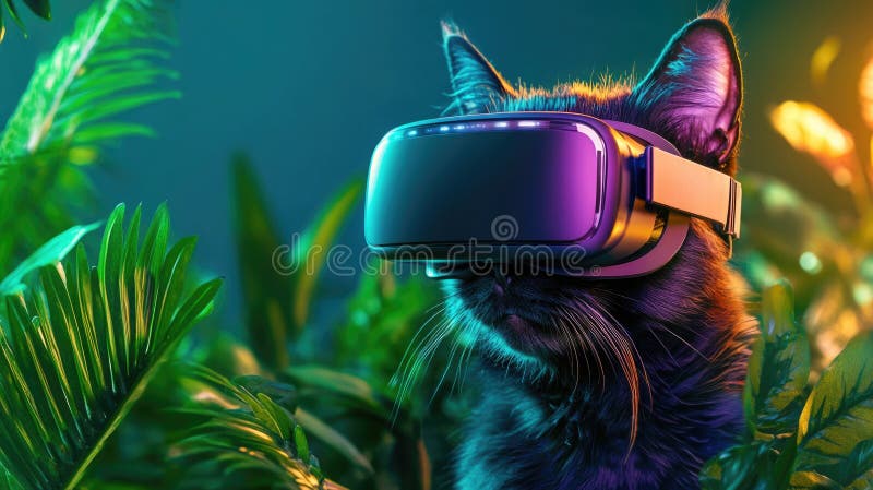 Futuristic Cat Wearing Vr Headset in Vibrant Jungle Setting Stock Image ...