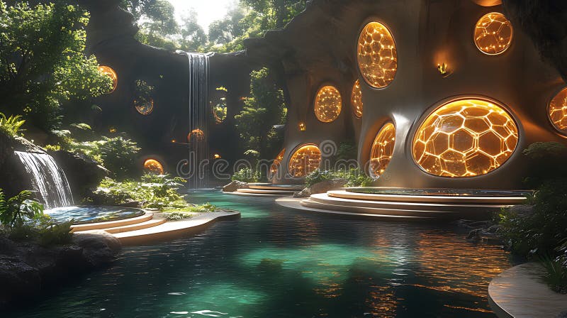 Futuristic Cave Resort with Waterfalls, Pools, and Glowing Honeycomb ...