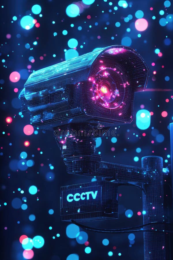 Futuristic CCTV Camera with Digital Wireframe and Glowing Effects Stock ...