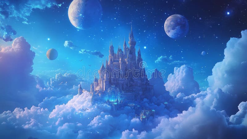 Futuristic Celestial Castle Floating among Clouds with Planets Stock ...