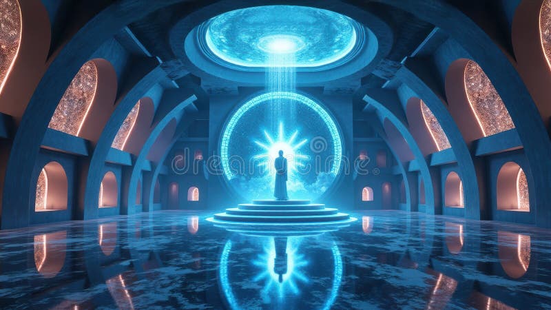 Futuristic Celestial Chamber with Illuminated Figure Stock Illustration ...