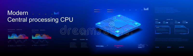 CPU. Presentation of a New Generation Processor on Futuristic Background with HUD Elements ...