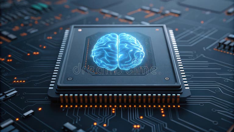 Futuristic Central Processing Unit with a Glowing Blue Human Brain ...