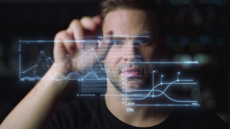 Futuristic Ceo Work Process Man Analysing Holographic Graphs Benefit ...