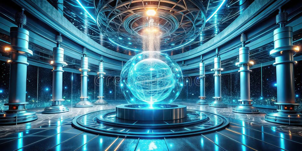 Futuristic Chamber with Glowing Orb and Celestial Backdrop Displaying ...