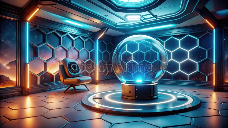 Futuristic Chamber with Illuminated Hexagonal Panels and Glowing Orb on ...