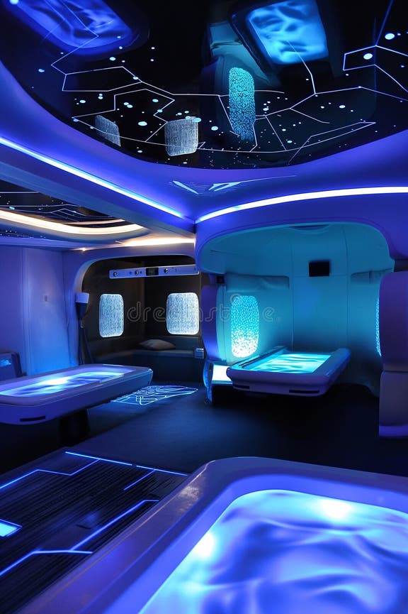 Futuristic Chamber Bathed in Vibrant Blue Light, Cosmic Ceiling. Stock ...