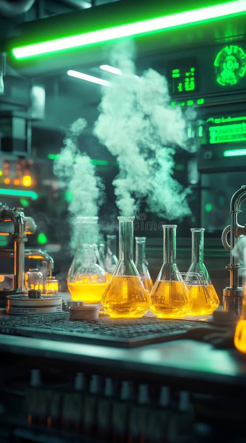 Futuristic Chemistry Lab with Glowing Beakers and Vapor in Neon Light ...