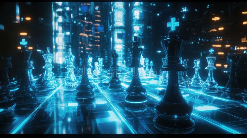 Futuristic Chess Board with Neon Lights and Digital Elements Stock ...