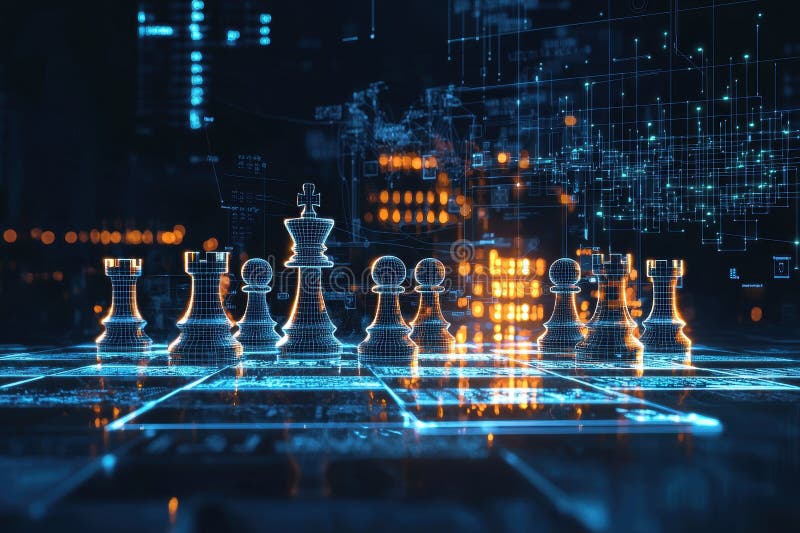 Futuristic Chess Game with Digital Elements and Glowing Pieces on a ...