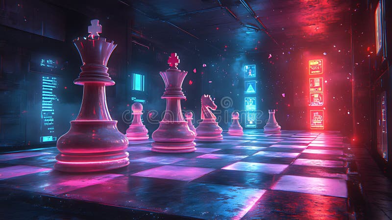 Futuristic Chess Match in Neon-lit Room, Digital Particles Floating ...