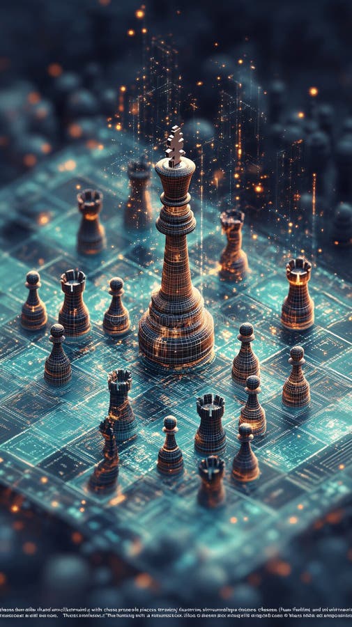 Futuristic Chess Pieces Standing on Electronic Chessboard Representing ...