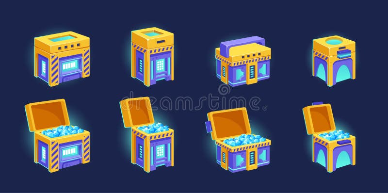 Futuristic Chests, Closed and Open Boxes with Treasure Inside. Isolated ...