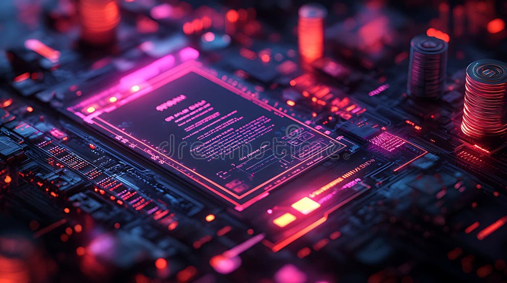 Futuristic Chip Displays Code, Glowing in Red, Amidst Currency Stacks ...