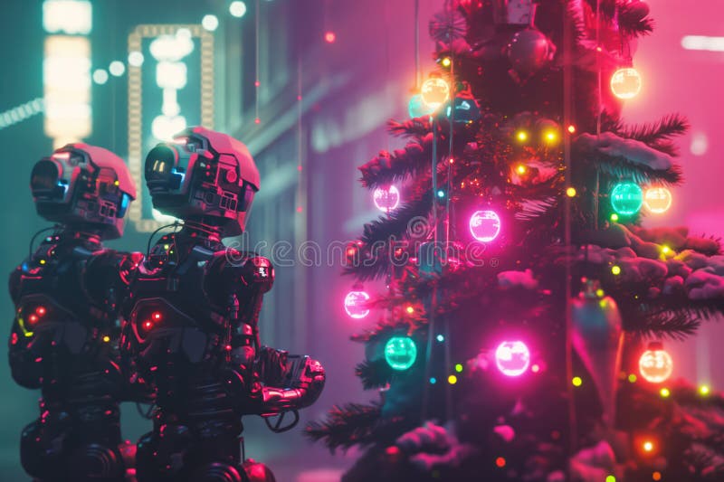 Two Robots Looking at Christmas Tree with Neon Lights in Cyberpunk City ...