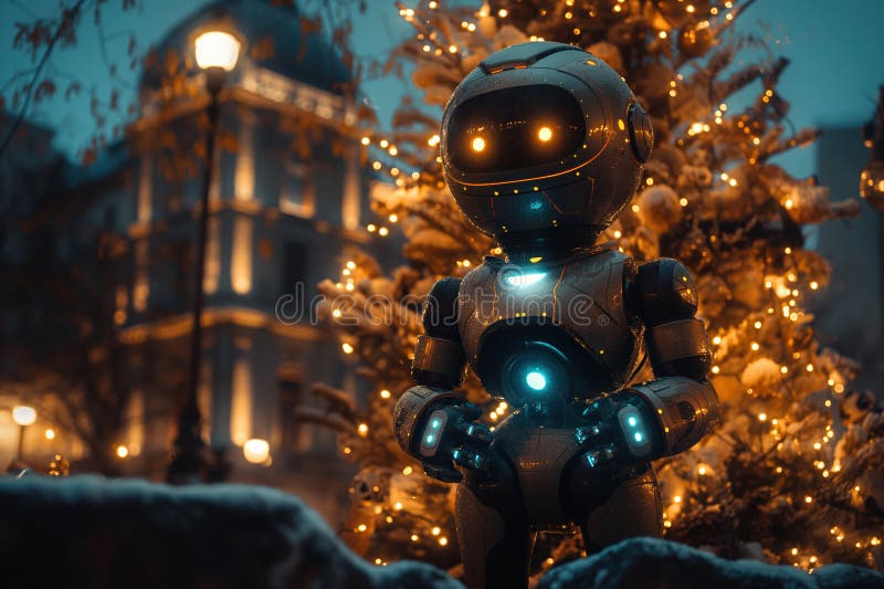 Cute Robot Standing Near Decorated Christmas Tree in Snowy City Stock ...