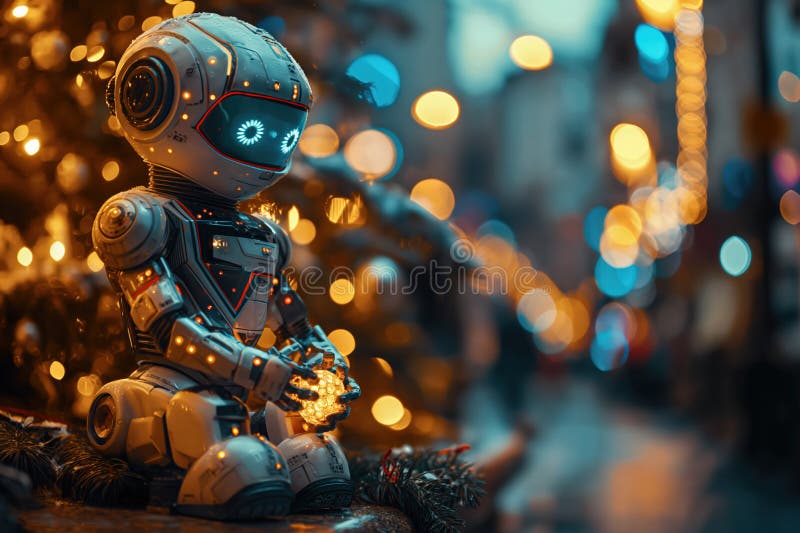 Cute Robot Holding Christmas Ornament Under Christmas Tree with City ...
