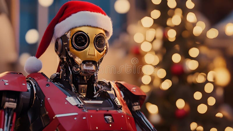 Futuristic Christmas Robot in Santa Hat with Snowfall Stock ...