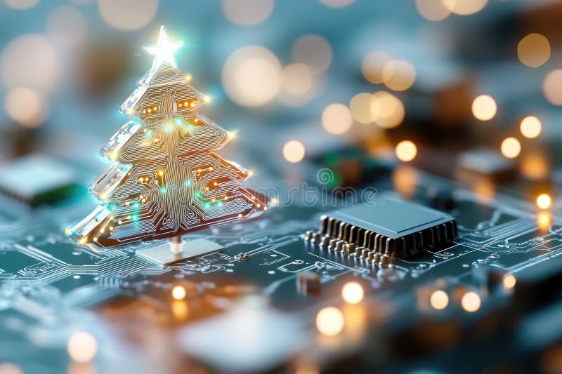 Futuristic Christmas Tree on Circuit Board with Glowing Holiday Lights ...