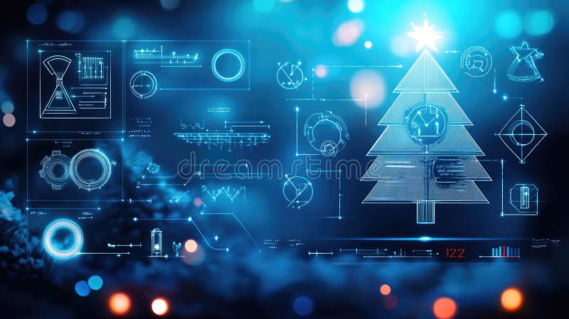 Futuristic Christmas Tree Hologram with Digital Interface and Data ...