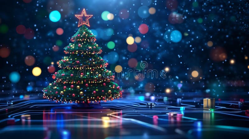 Futuristic Christmas Tree with Lights in a Technological Environment ...