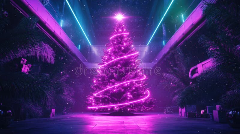 Futuristic Christmas Tree with Neon Lights in a Tech Inspired Setting ...
