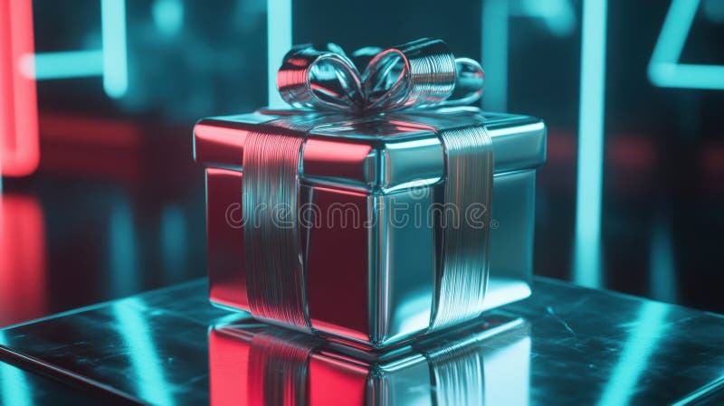 Futuristic Chrome Gift Box with Red Neon Glow Stock Image - Image of ...