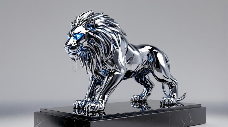 Futuristic Chrome Lion Sculpture with Blue Eyes on Black Marble Base Stock Photo - Image of ...
