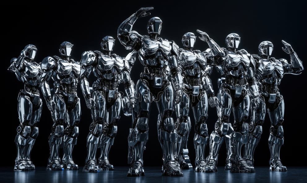 Futuristic Chrome Robots Standing in Formation with Salute Gesture ...
