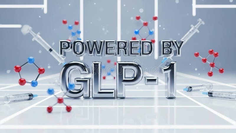 Futuristic Chrome Text Powered by GLP-1 Surrounded by Molecular ...