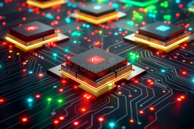Futuristic Circuit Board with AI Chip Glowing in Neon Colors, Intricate ...