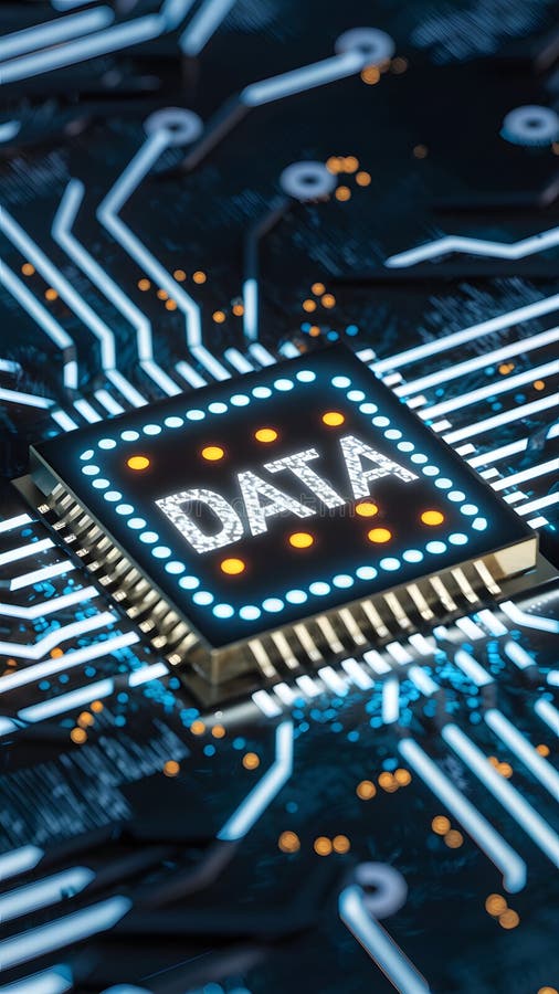 Futuristic Circuit Board with Central Data Chip, Glowing Dots ...