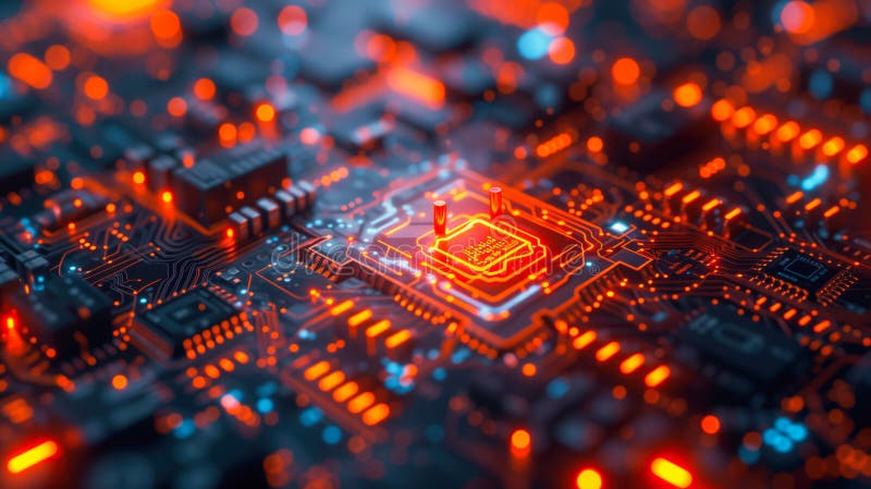 Futuristic Circuit Board City with Glowing Elements Stock Illustration ...